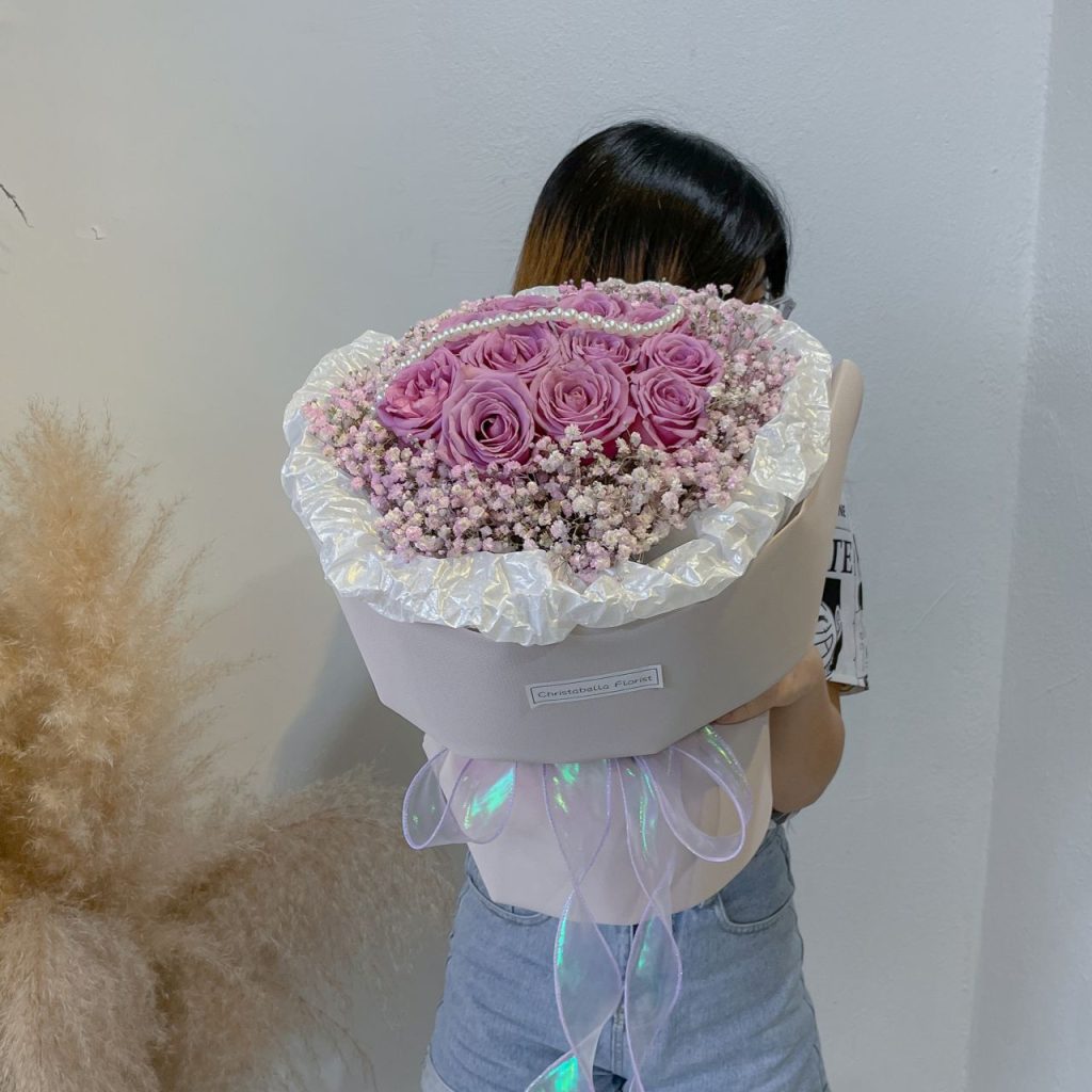 Fresh Purple Roses & Baby Breath Flower Bouquet - ChristaBella